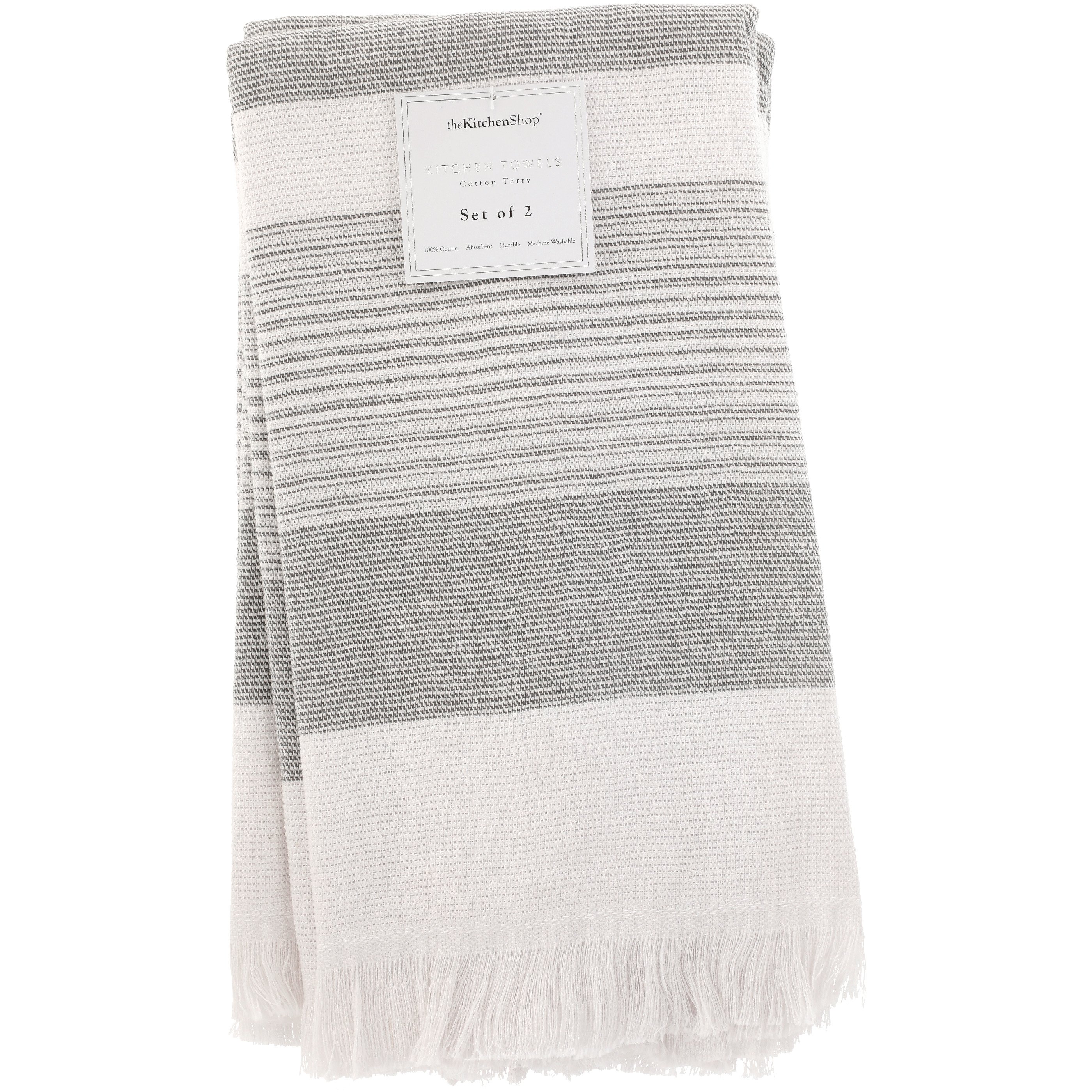 the Kitchen Shop Fringe Cotton Terry Stripe Kitchen Towels - Gray ...