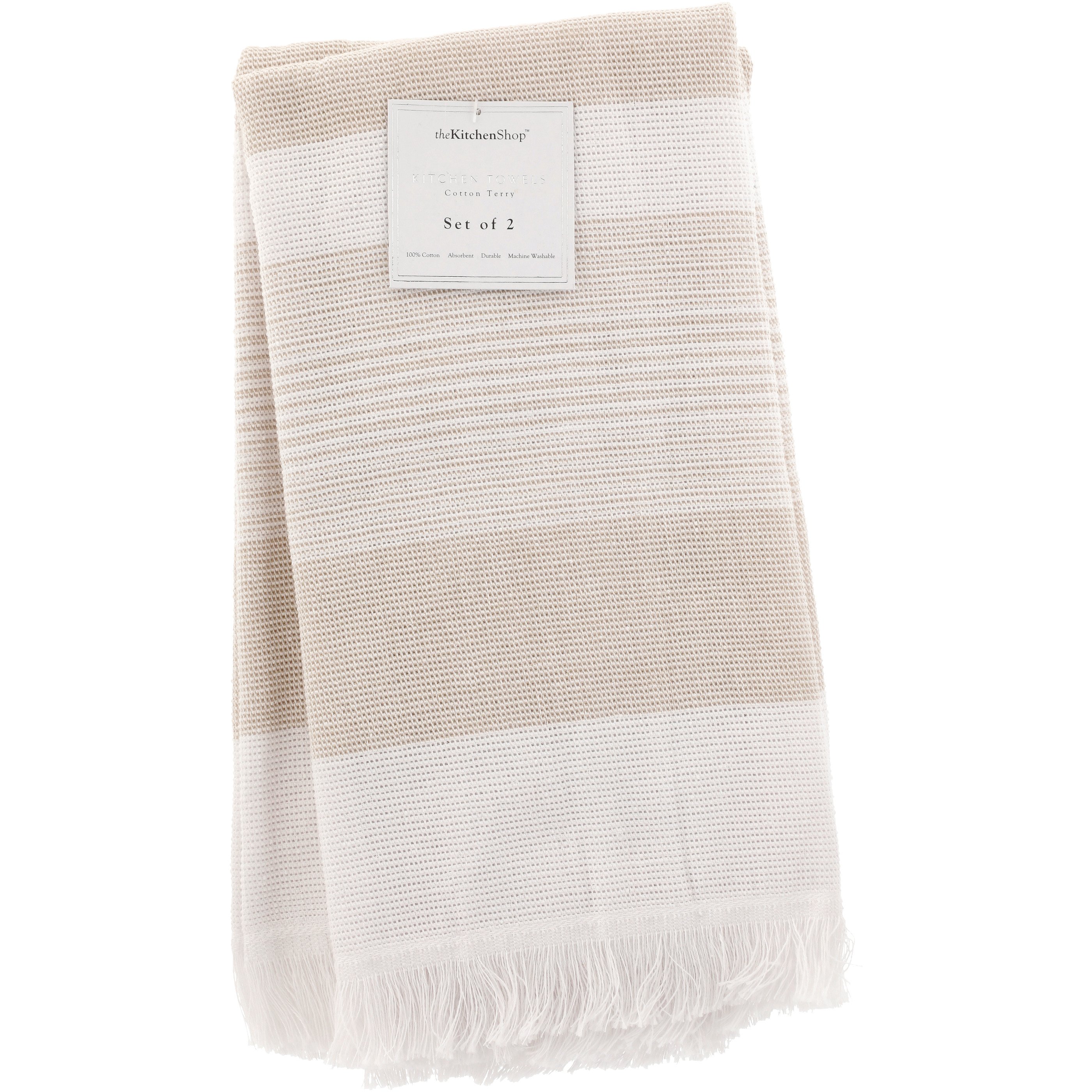 the Kitchen Shop Fringe Cotton Terry Stripe Kitchen Towels - Taupe ...