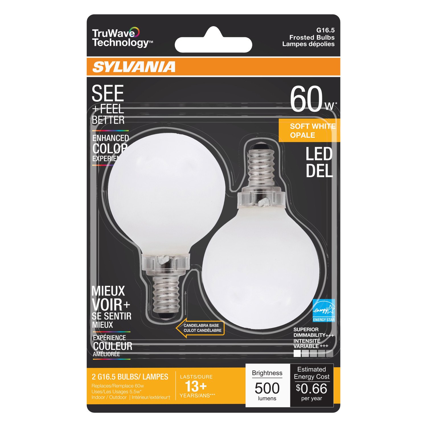 Sylvania TruWave G16.5 60-Watt Frosted LED Light Bulbs - Soft White ...