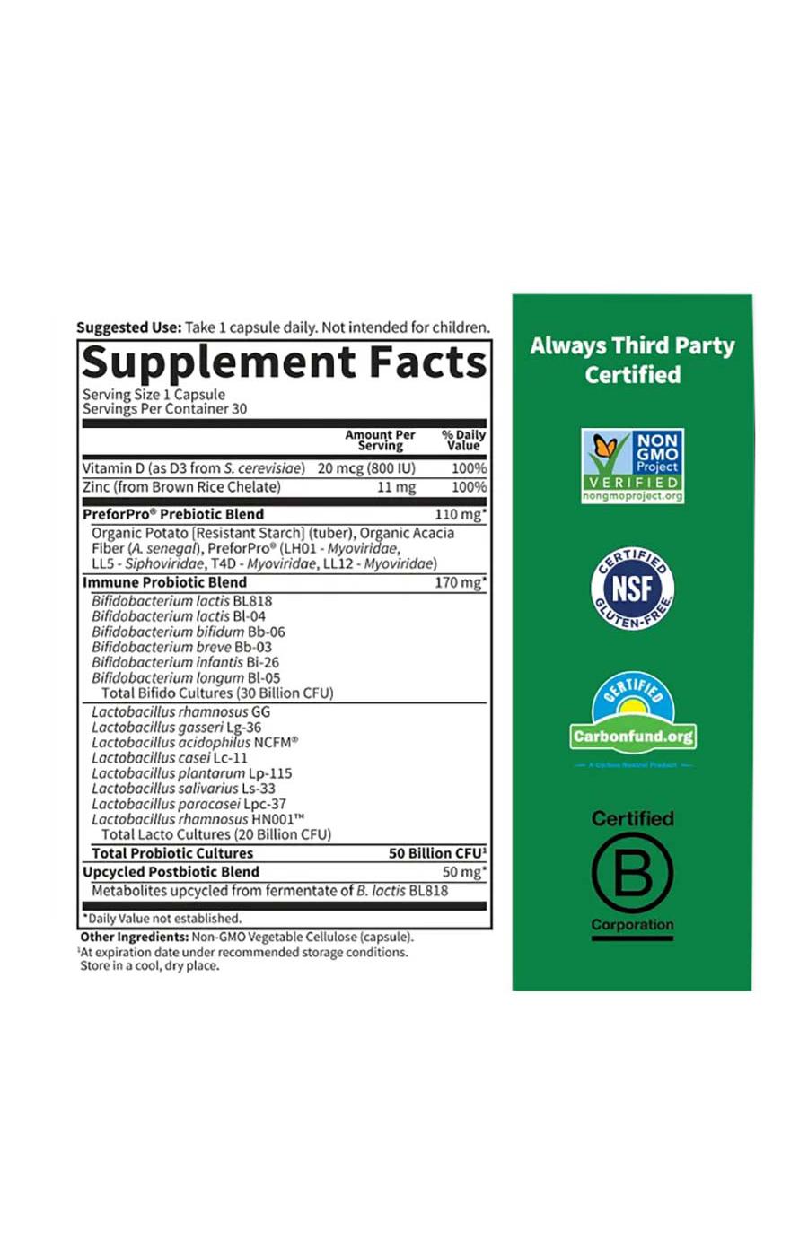 Garden of Life Dr. Formulated Digestive Immune with Zinc Probiotic 50 ...