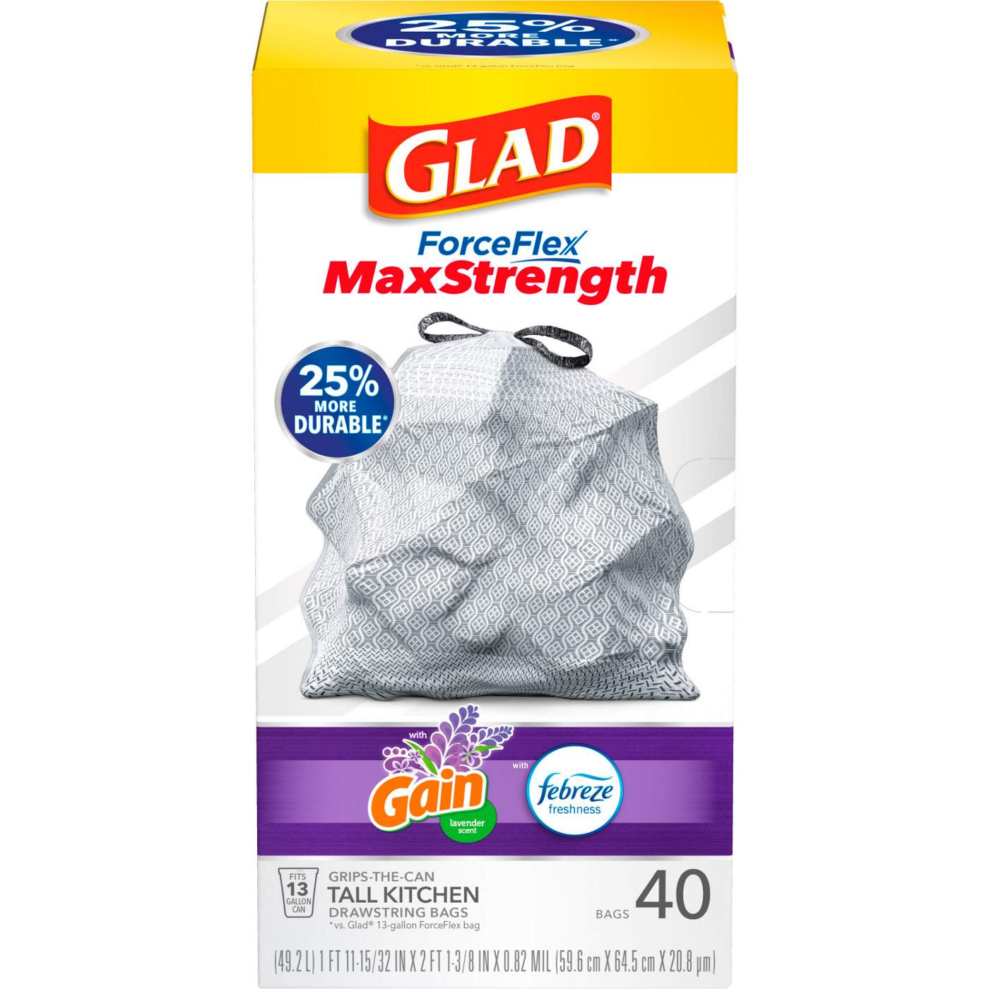 Glad ForceFlex Max Strength Lavender Drawstring Tall Kitchen 13 Gallon ...