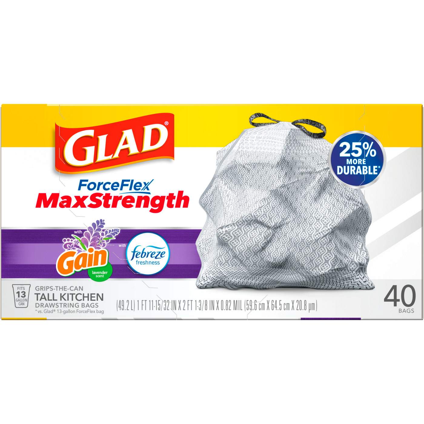 Glad ForceFlex Max Strength Lavender Drawstring Tall Kitchen 13 Gallon ...