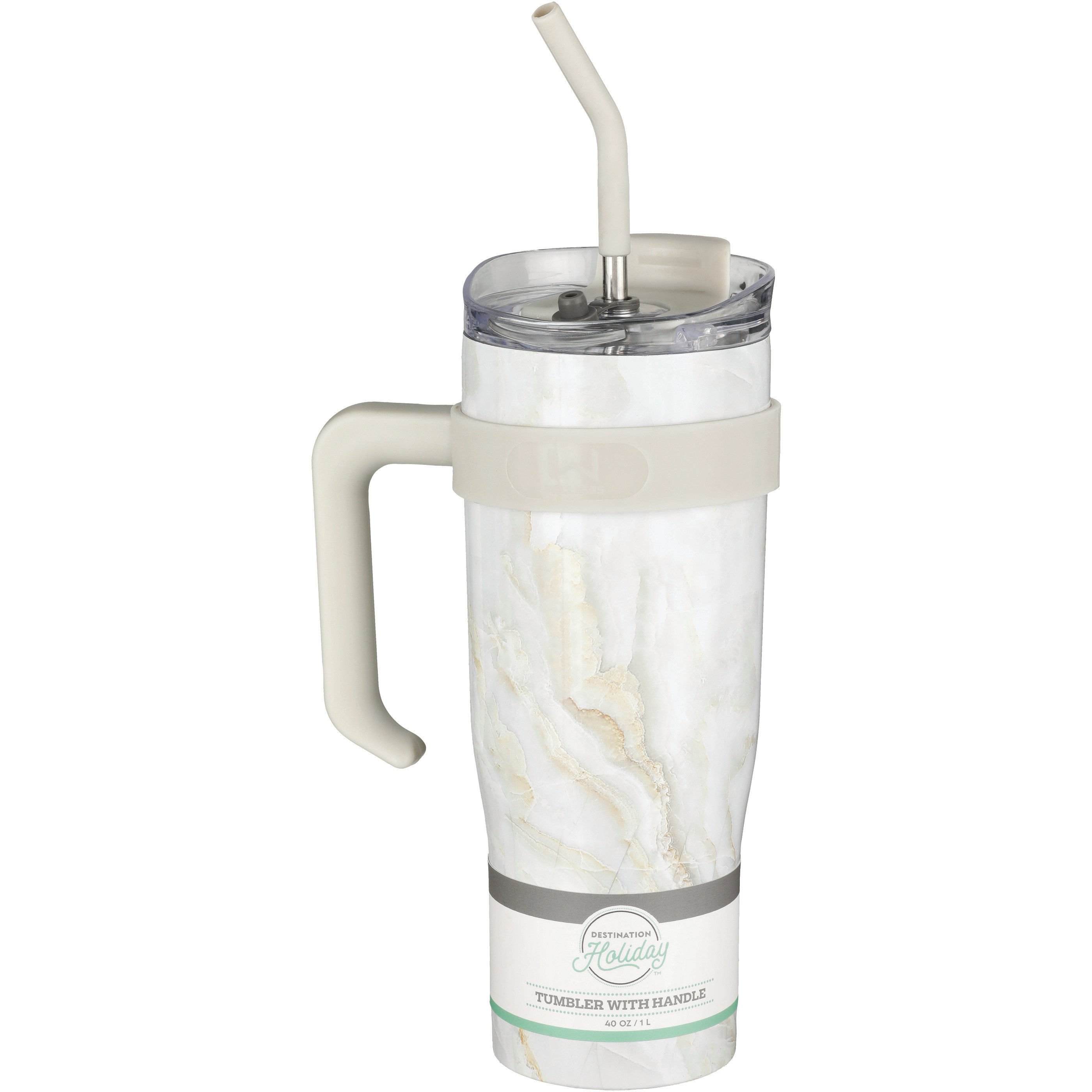 Destination Holiday Tumbler with Handle & Straw - White Marble - Shop ...