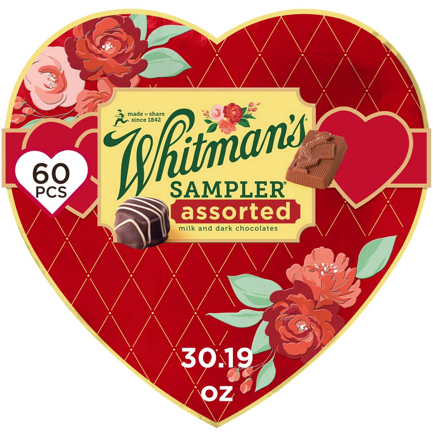 Whitman's Sampler Assorted Chocolates Valentine's Heart Gift Box, 60 Pc ...
