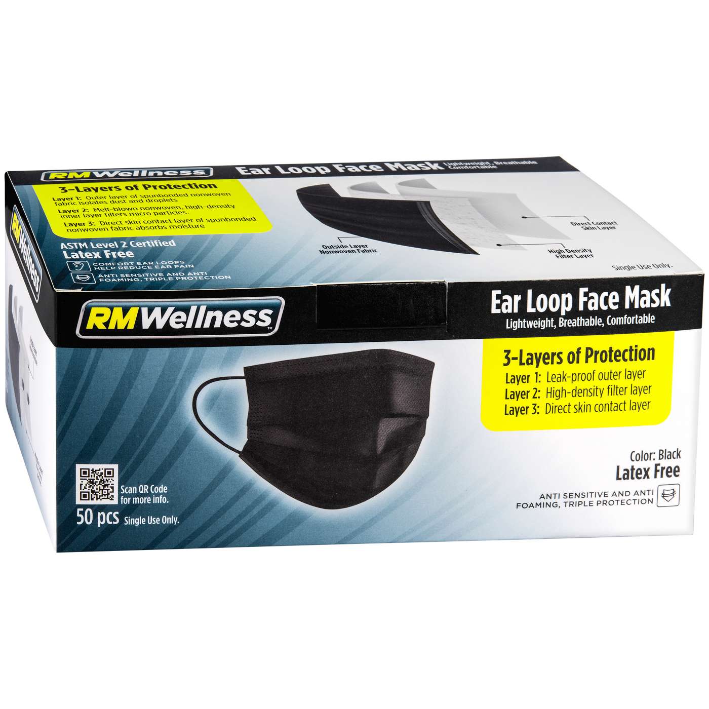RM Wellness Disposable 3-Layer Protective Face Masks - Black, Latex ...