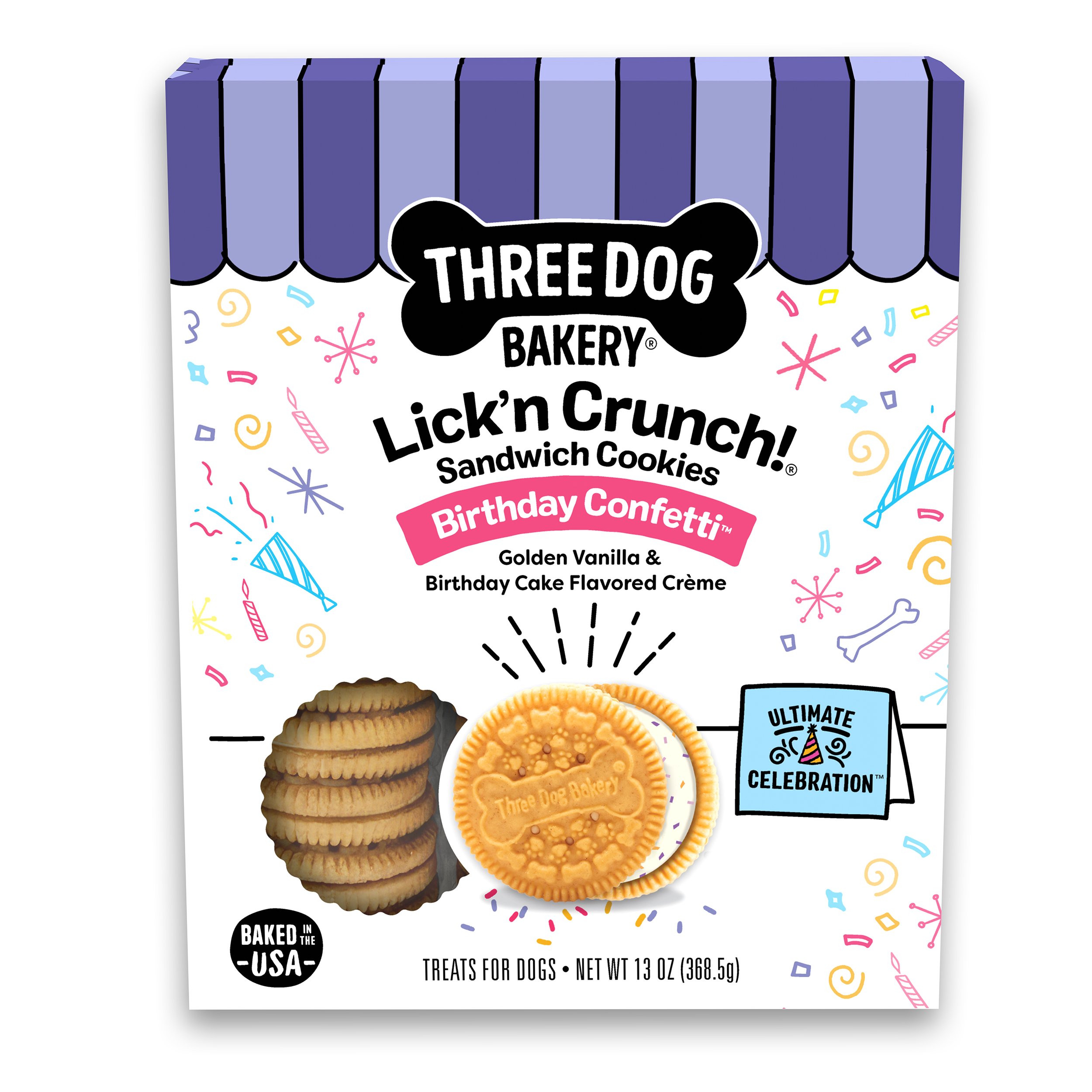 Three Dog Bakery Birthday Confetti Lick'n Crunch Sandwich Cookies Dog ...