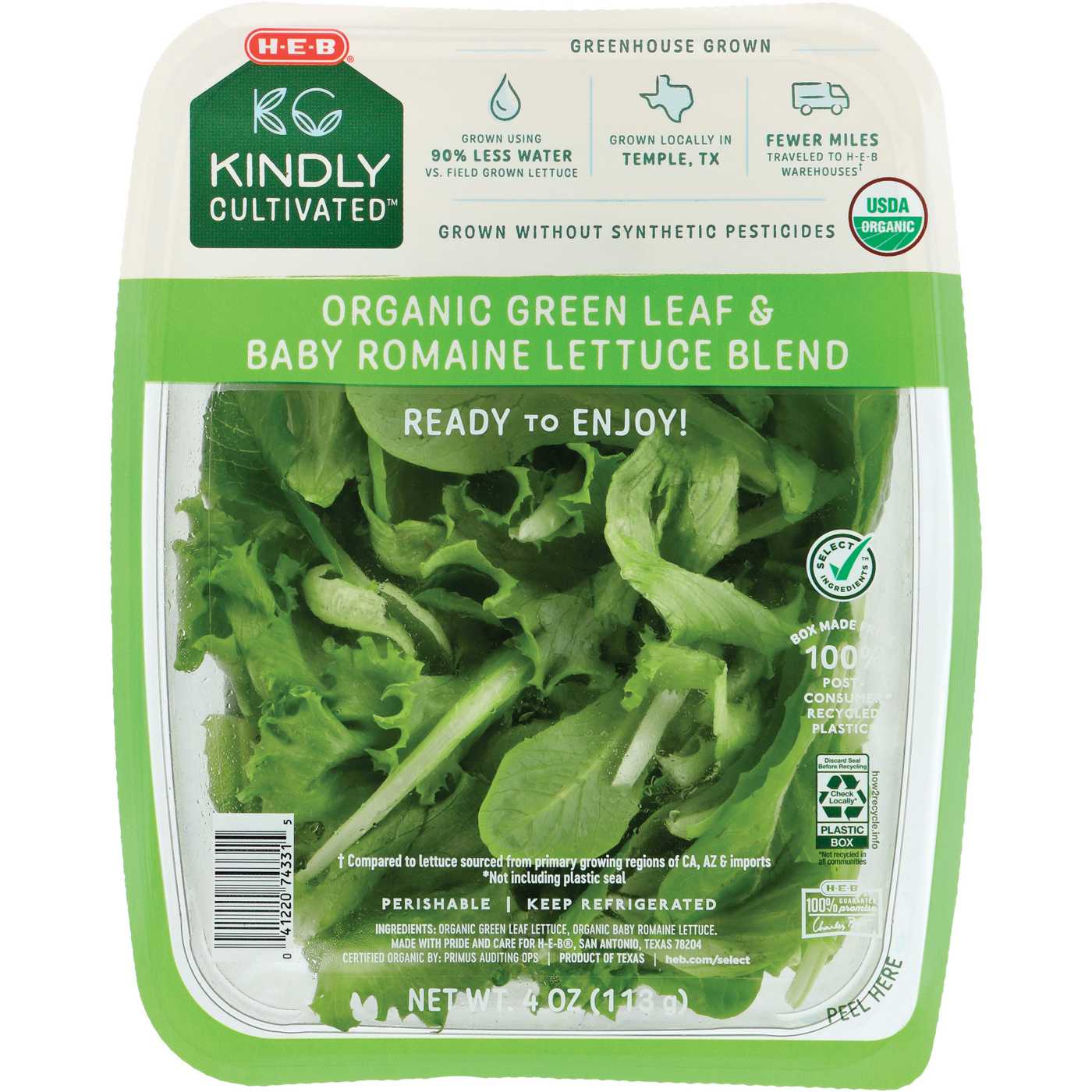 H-E-B Kindly Cultivated Fresh Organic Green Leaf & Baby Romaine Lettuce ...