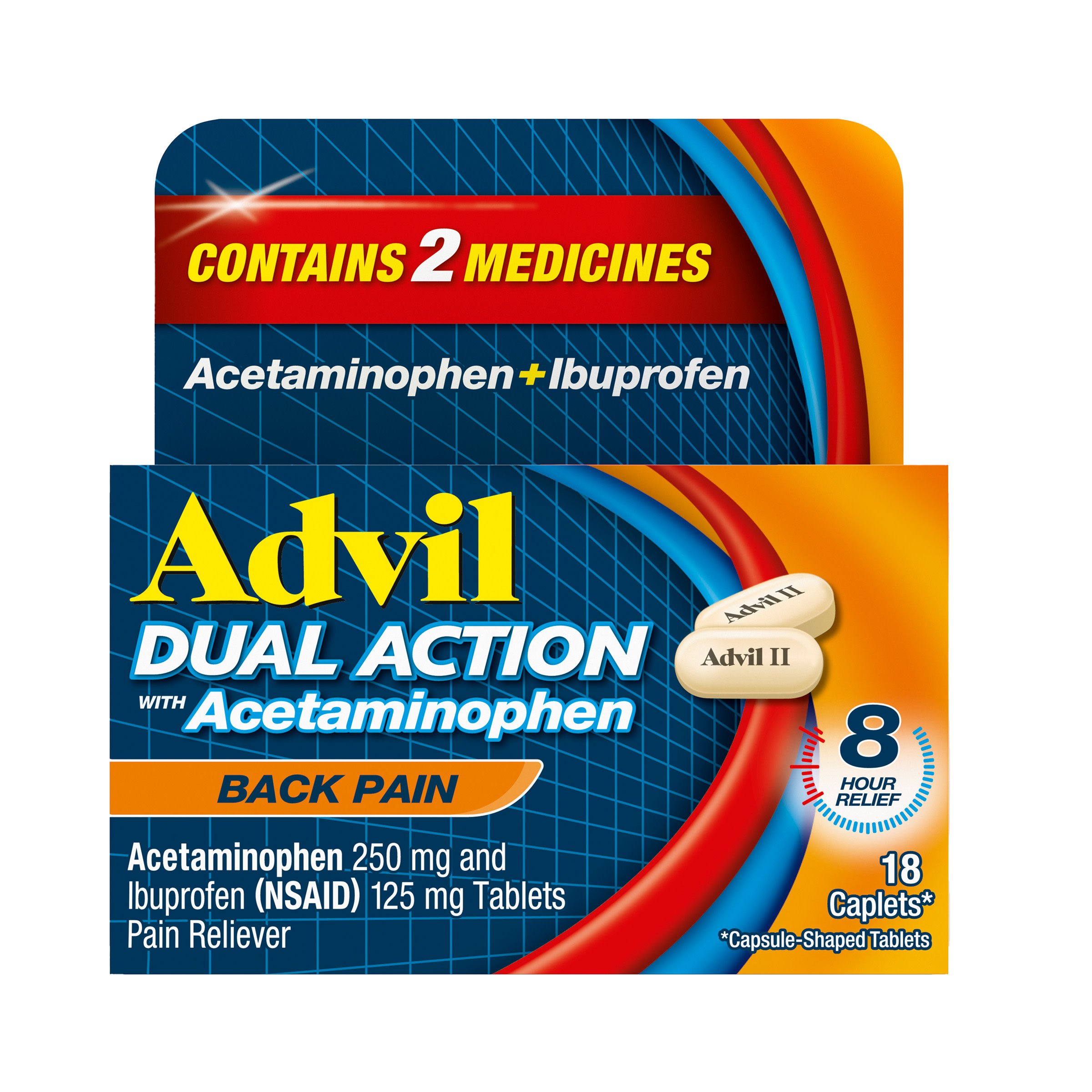 Advil Dual Action Back Pain Caplets Delivers 250mg Ibuprofen and 500mg ...