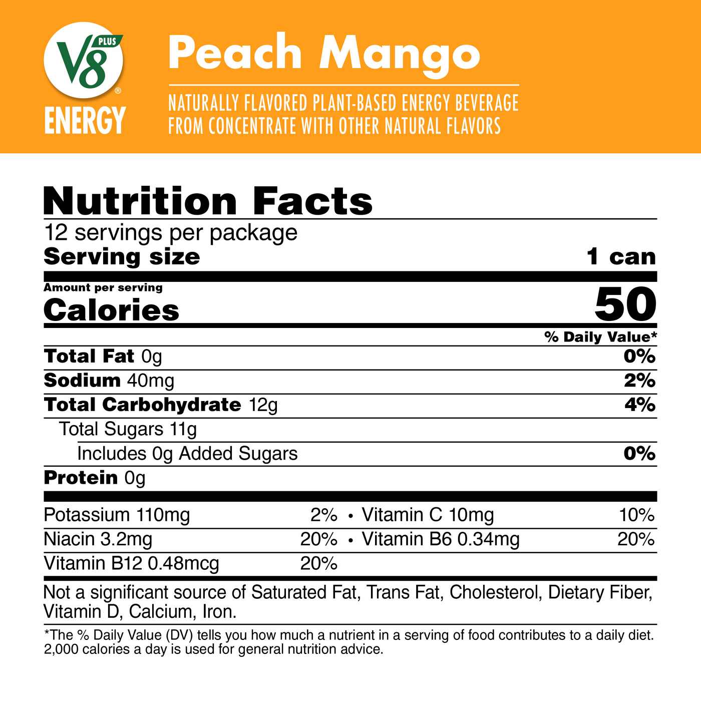 V8 Energy Peach Mango Juice Energy Drink 12 pk Cans - Shop Sports ...