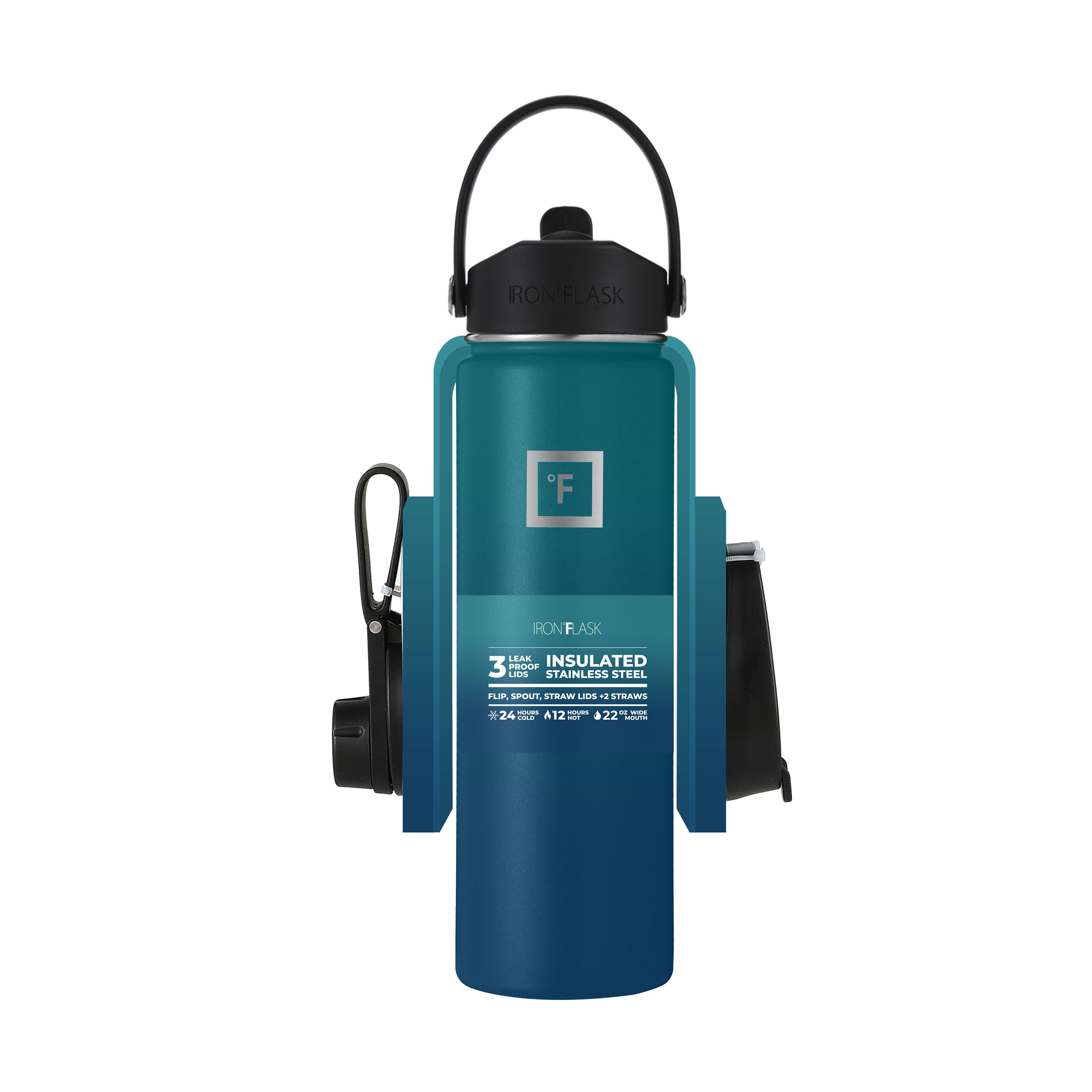 Iron Flask Insulated Stainless Steel Water Bottle + 3 Lids - Dark Night ...