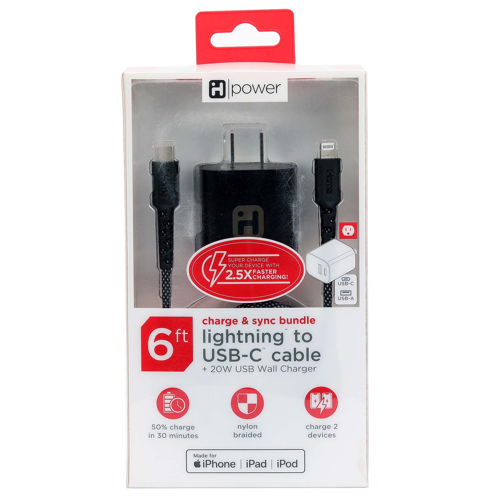 iHome Lightning to USB-C Cable with USB-C Wall Charger - Black - Shop ...