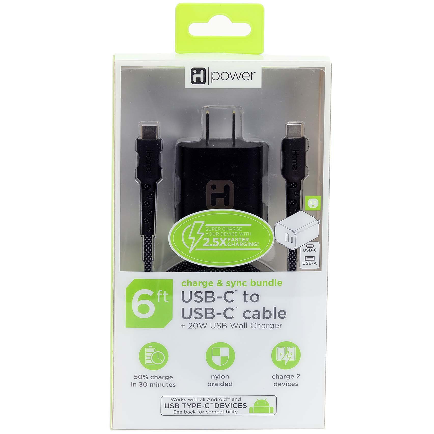 iHome USB-C to USB-C Cable with Wall Charger - Black - Shop Phone ...