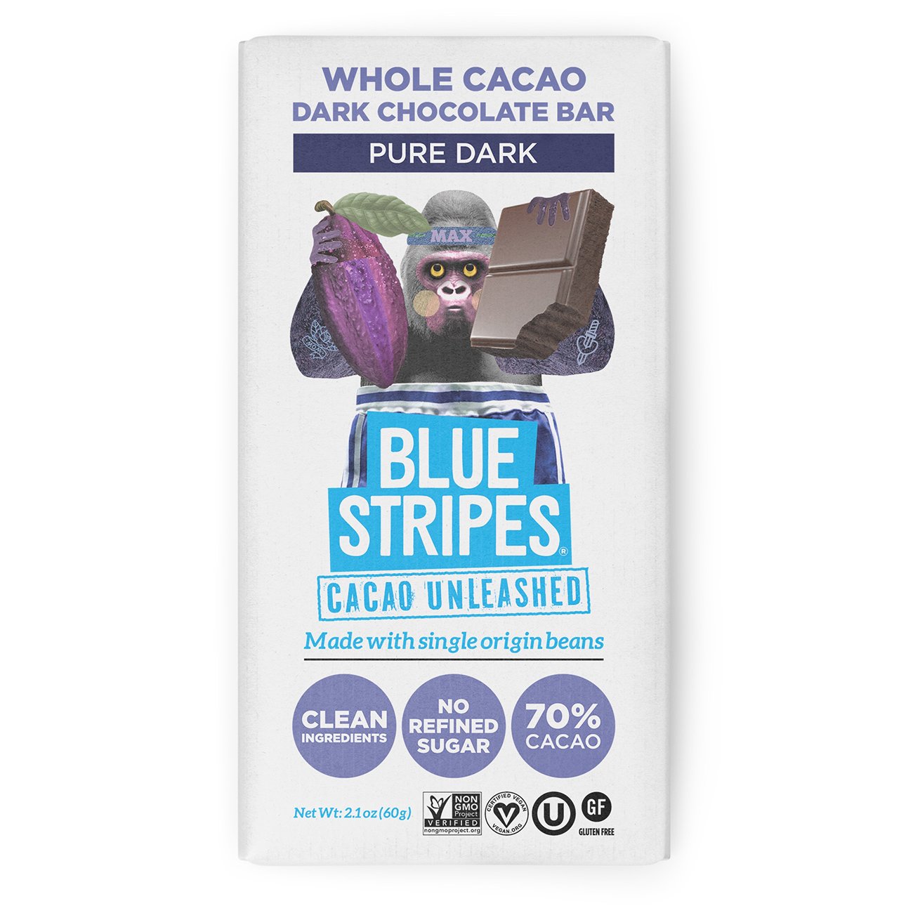 Blue Stripes Whole Cacao Dark Chocolate Bar - Pure Dark - Shop Candy at ...