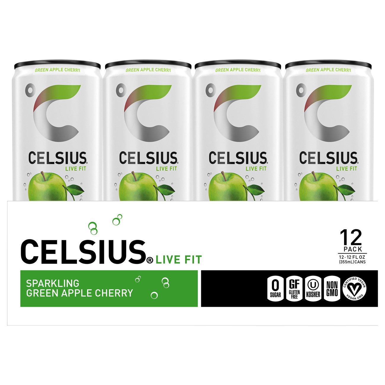 Celsius Sparkling Zero Sugar Energy Drinks 12 pk Cans - Green Apple ...
