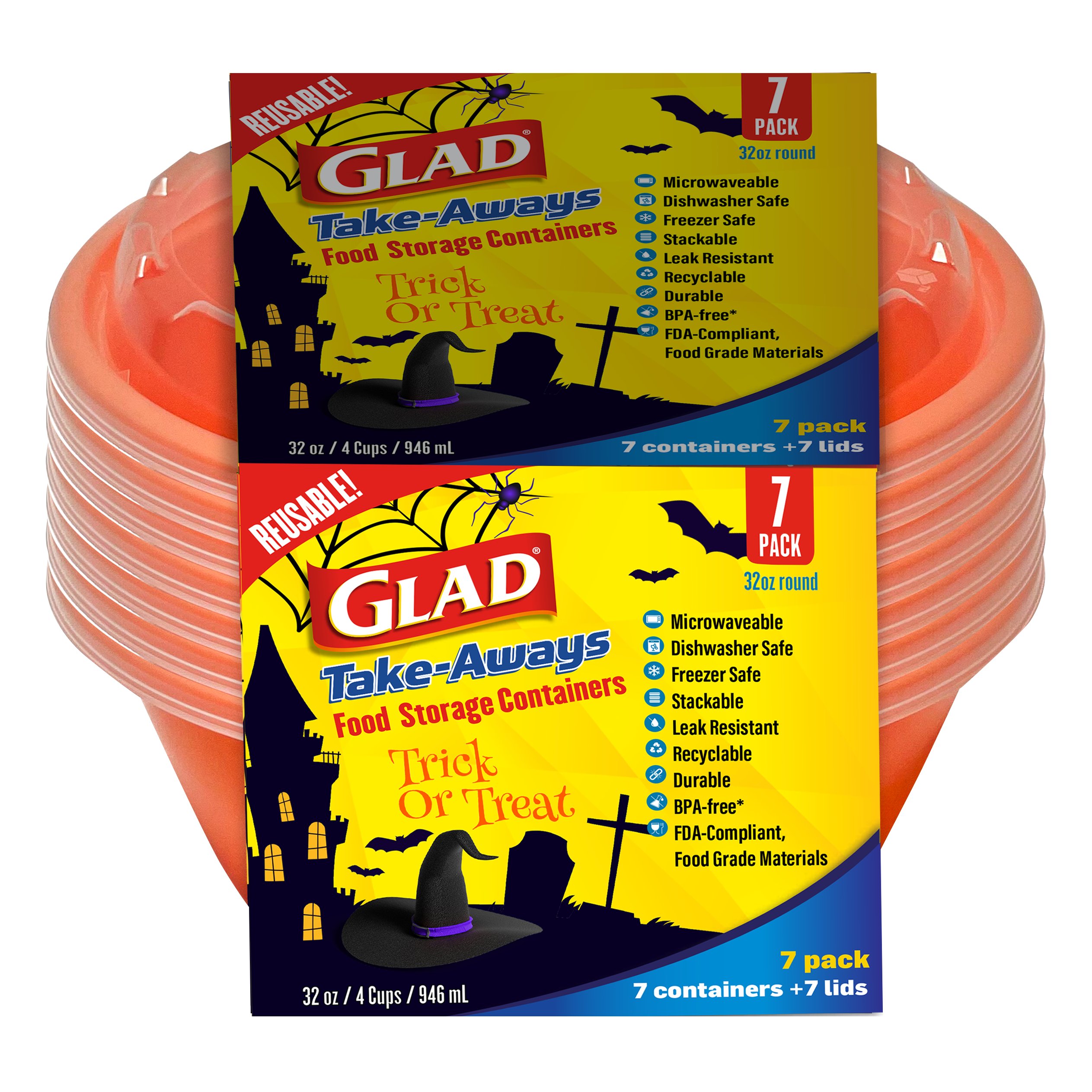 Glad Take-Aways Round Pumpkin Halloween Food Storage Containers, 7 Pk ...