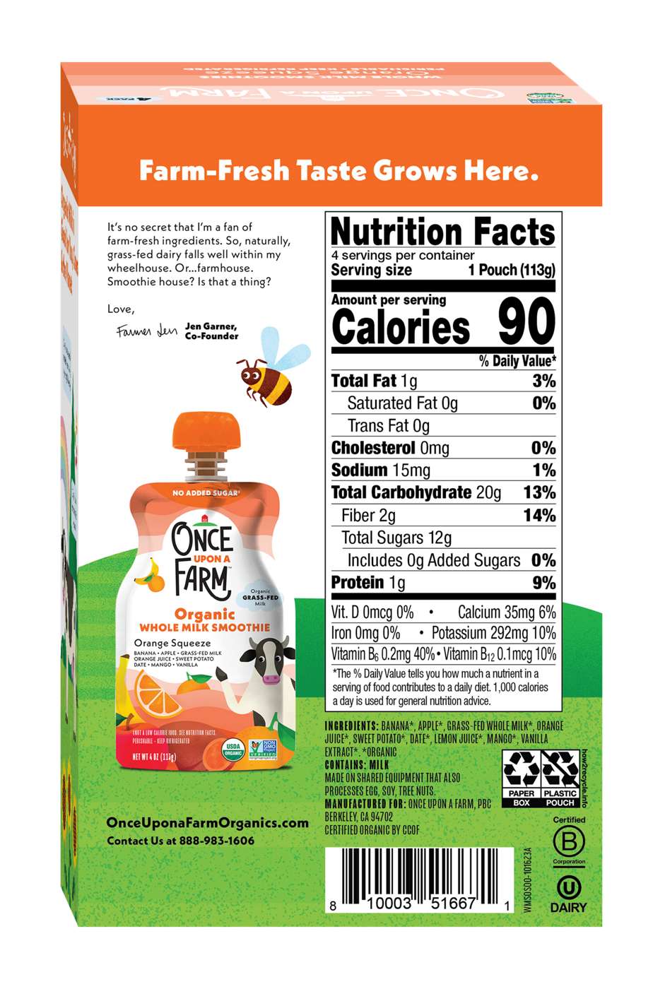 Once Upon A Farm Organic Orange Squeeze Whole Milk Smoothie 4 Pk