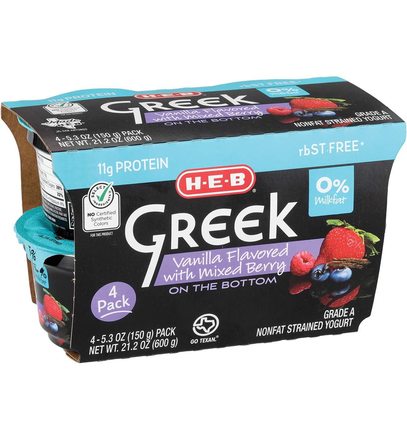 H-E-B 11g Protein Nonfat Greek Yogurt - Vanilla with Mixed Berry on the ...
