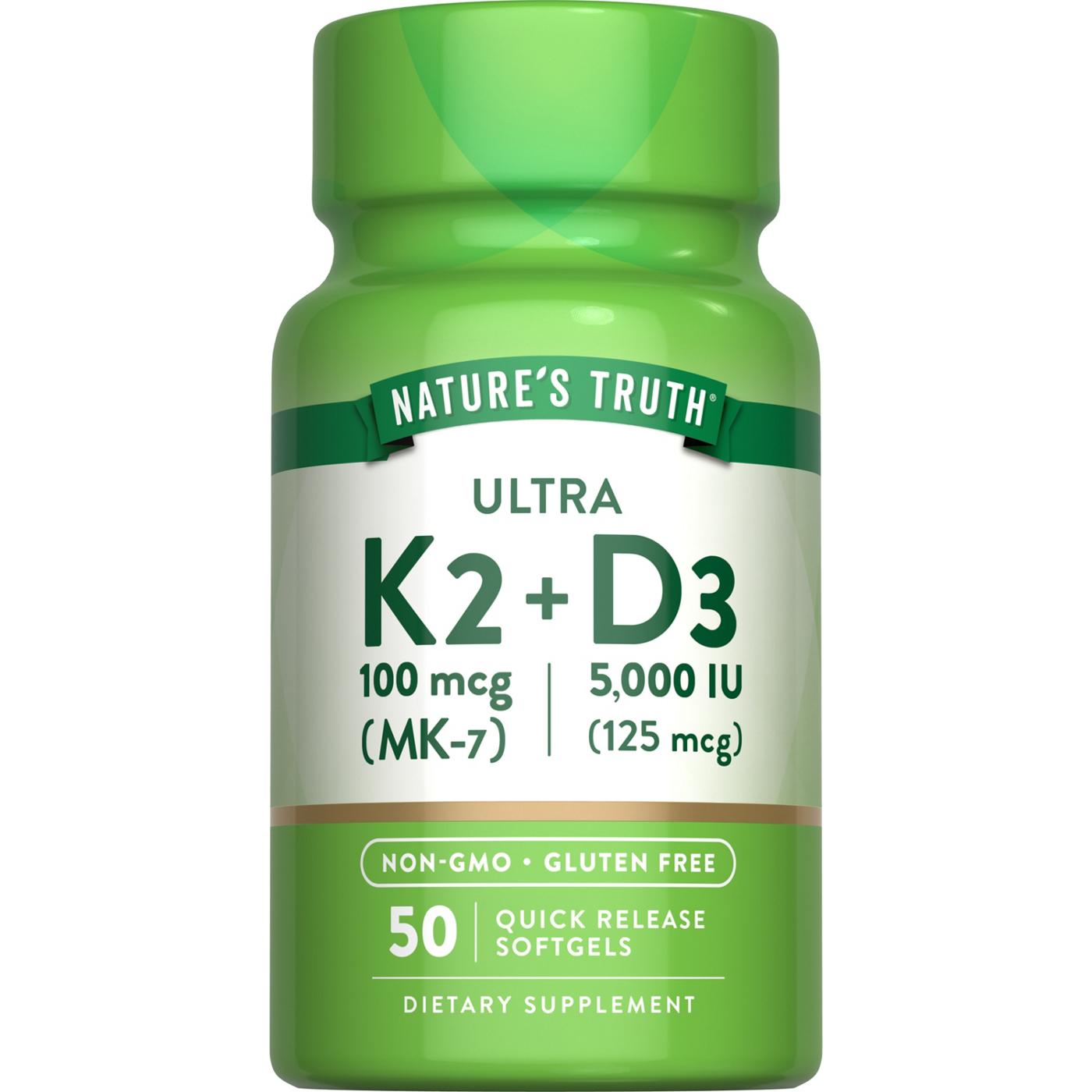 Nature's Truth Ultra K2 100 mcg + D3 125 mcg Quick Release Softgels - Shop Vitamins A-Z at H-E-B