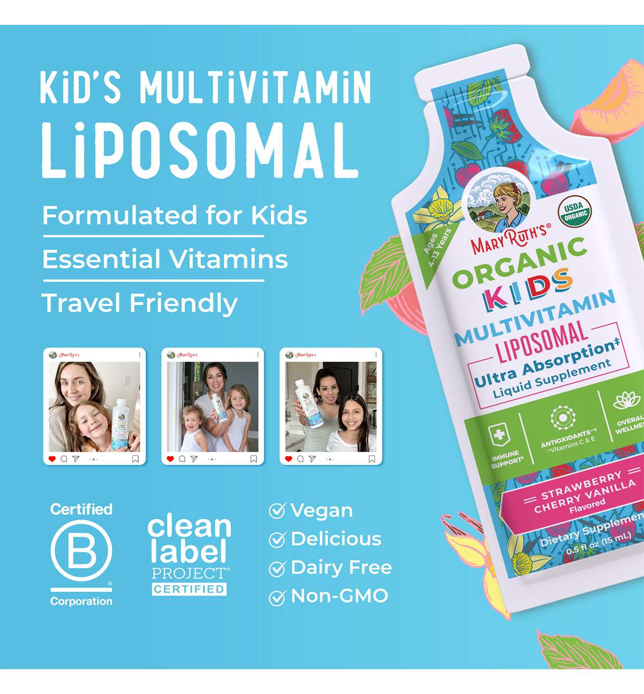 Mary Ruth's Organic Kids' Multivitamin Liposomal Pouches - Strawberry ...