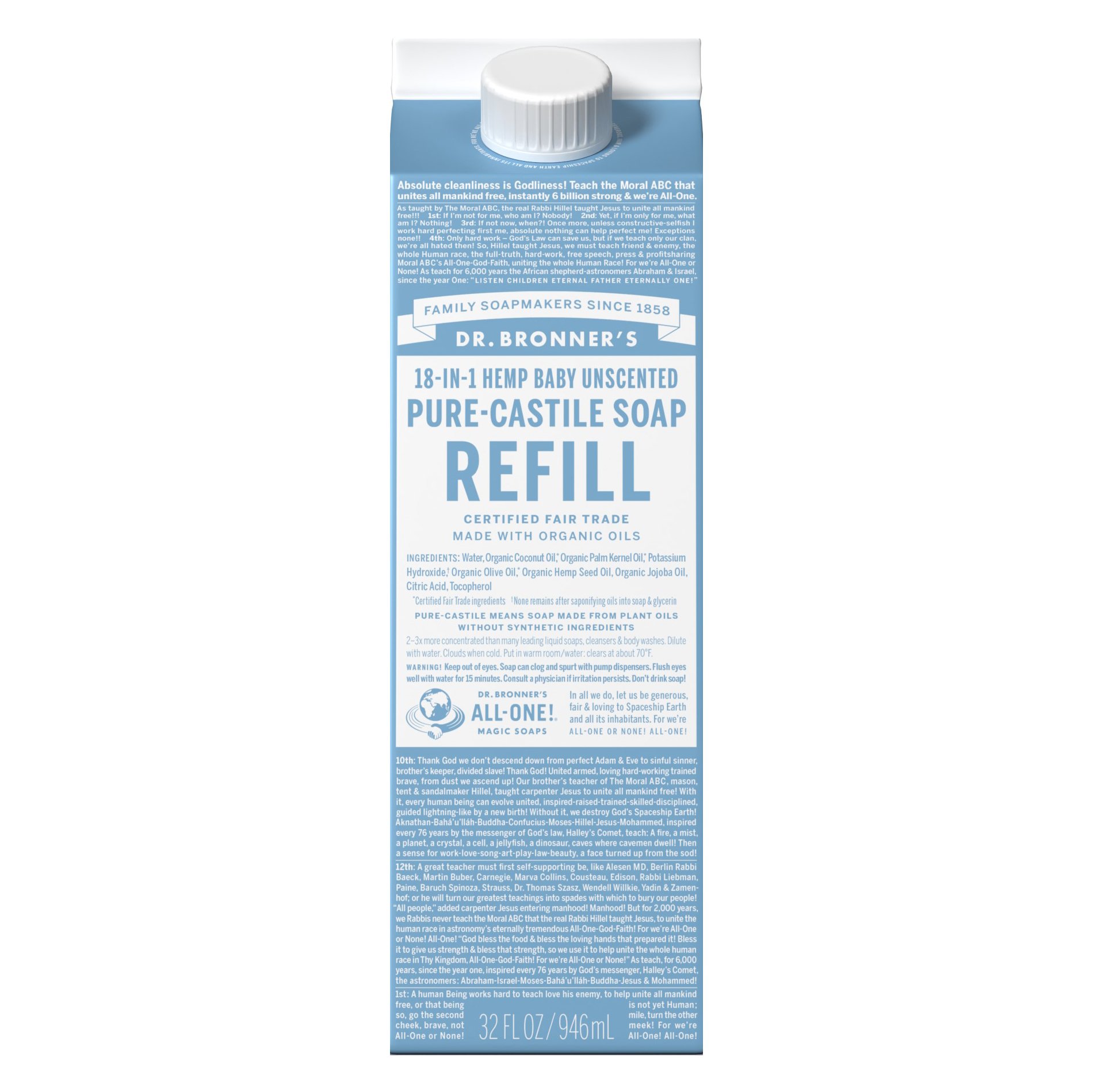 Dr. Bronner's 18-In-1 Hemp Baby Unscented Pure-Castile Soap Refill ...