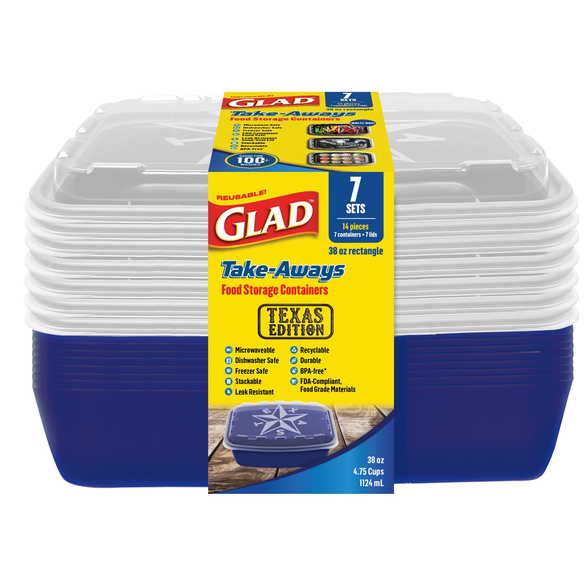 Glad Take-Aways Rectangle Food Storage Containers - Blue Texas Edition ...