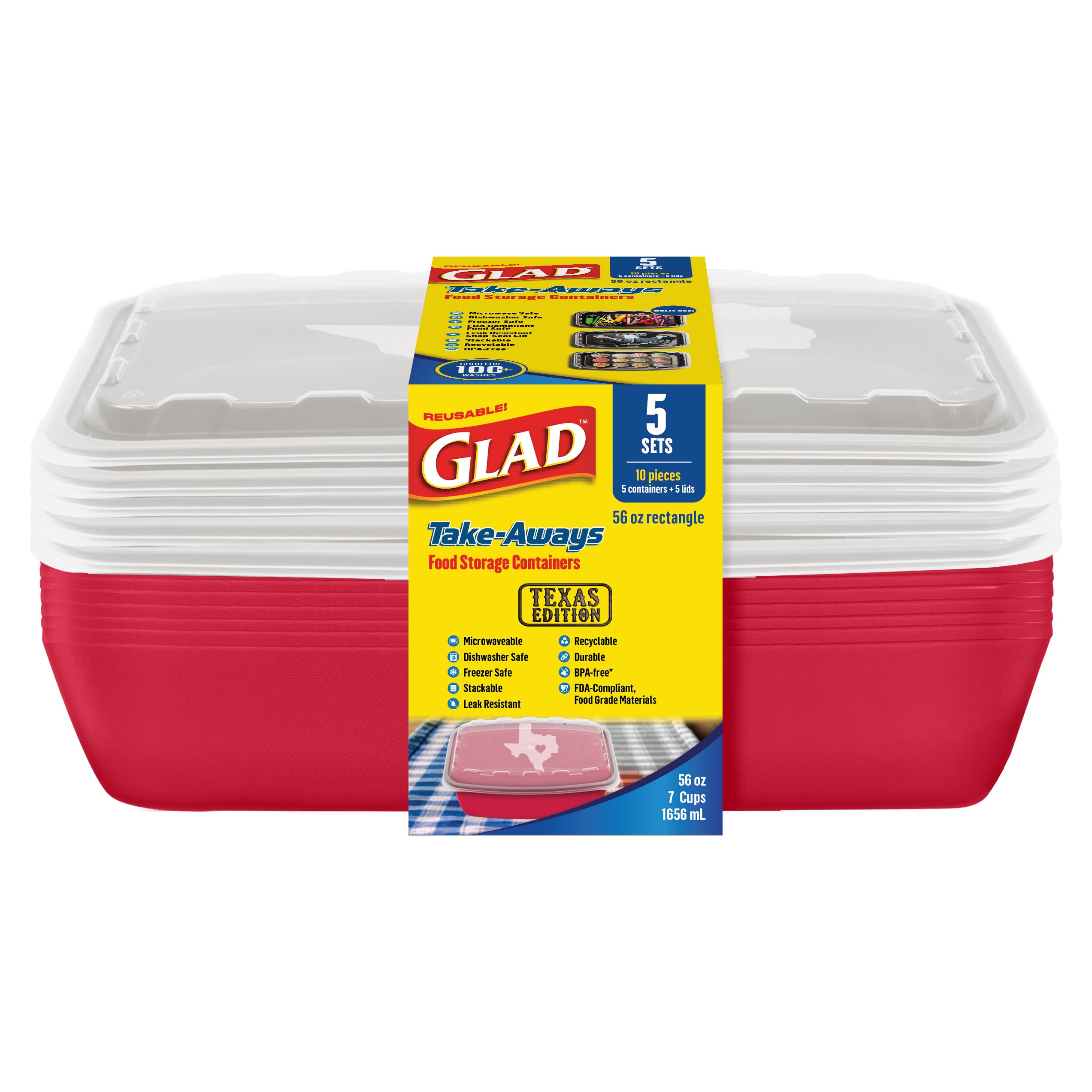 Glad Take-Aways Rectangle Food Storage Containers - Red Texas Edition ...