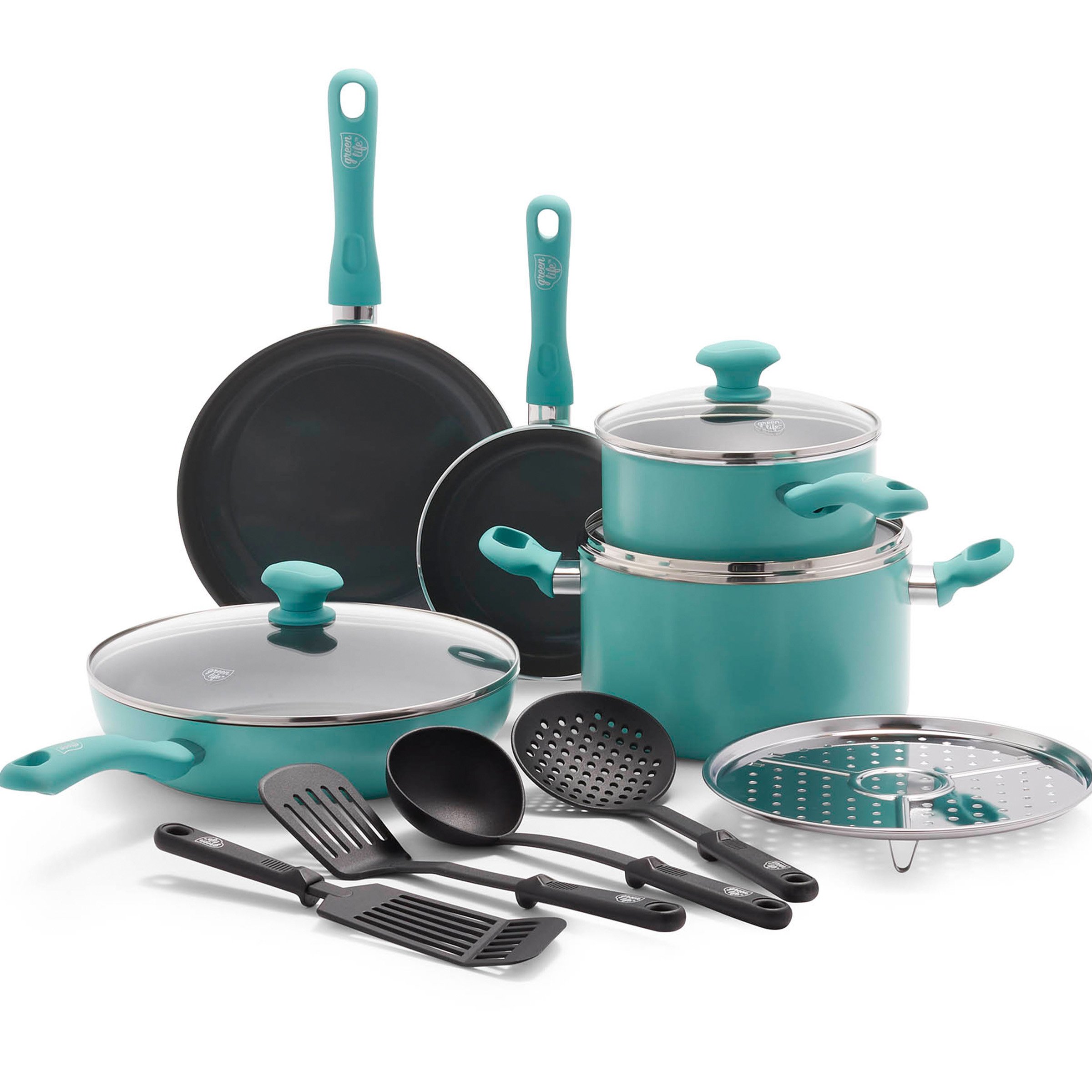 GreenLife Diamond Collection Soft Grip Pro Cookware Set - Turquoise ...