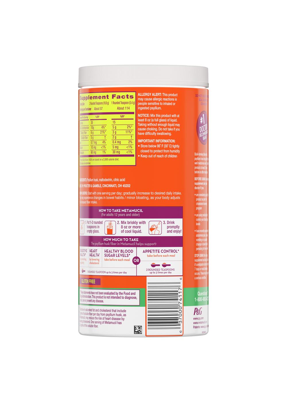 Metamucil 4-in-1 Psyllium Husk Fiber Supplement, Daily Fiber Powder for ...