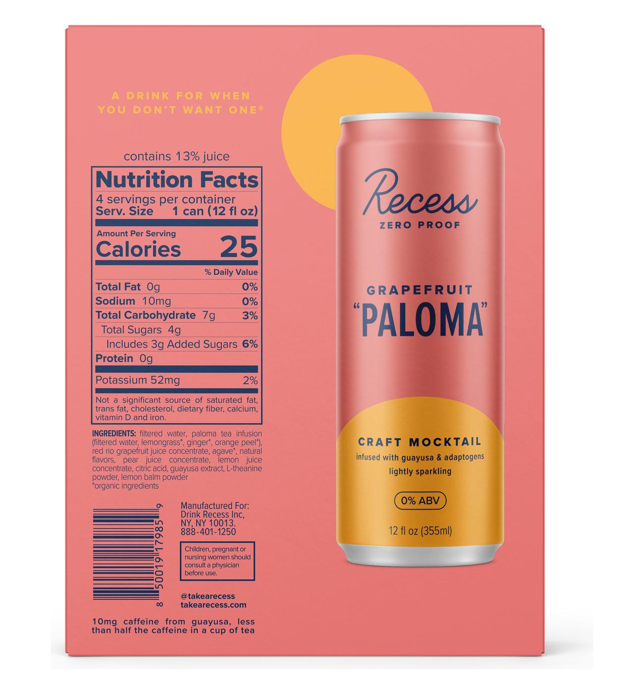 Recess Zero Proof Grapefruit Paloma Craft Mocktail 4 pk Cans - Shop ...