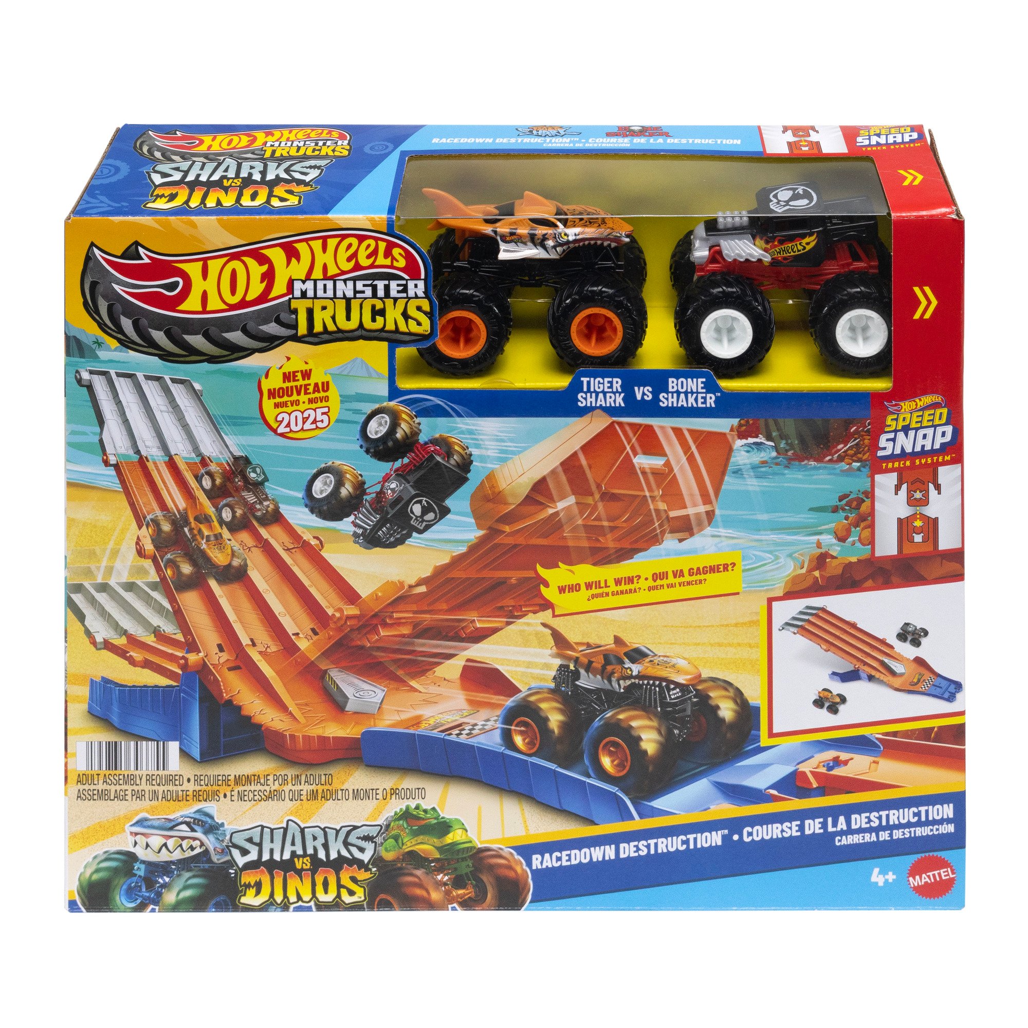 Hot Wheels Monster Trucks Sharks vs Dinos Racedown Destruction Playset ...