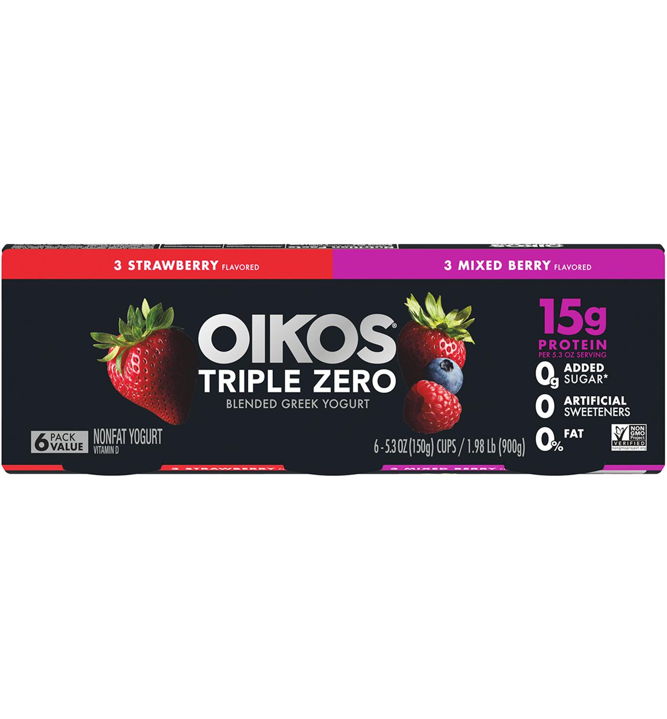 Oikos Triple Zero 15g Protein Greek Yogurt - Mixed Berry & Strawberry, 6 pk - Shop Yogurt at H-E-B