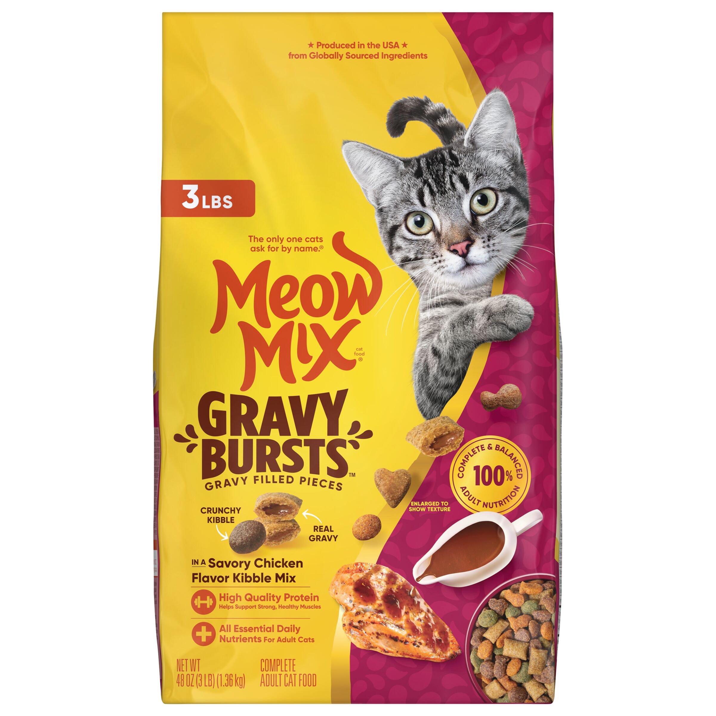 Meow Mix Gravy Bursts Cat Food - Savory Chicken Flavor Kibble Mix ...