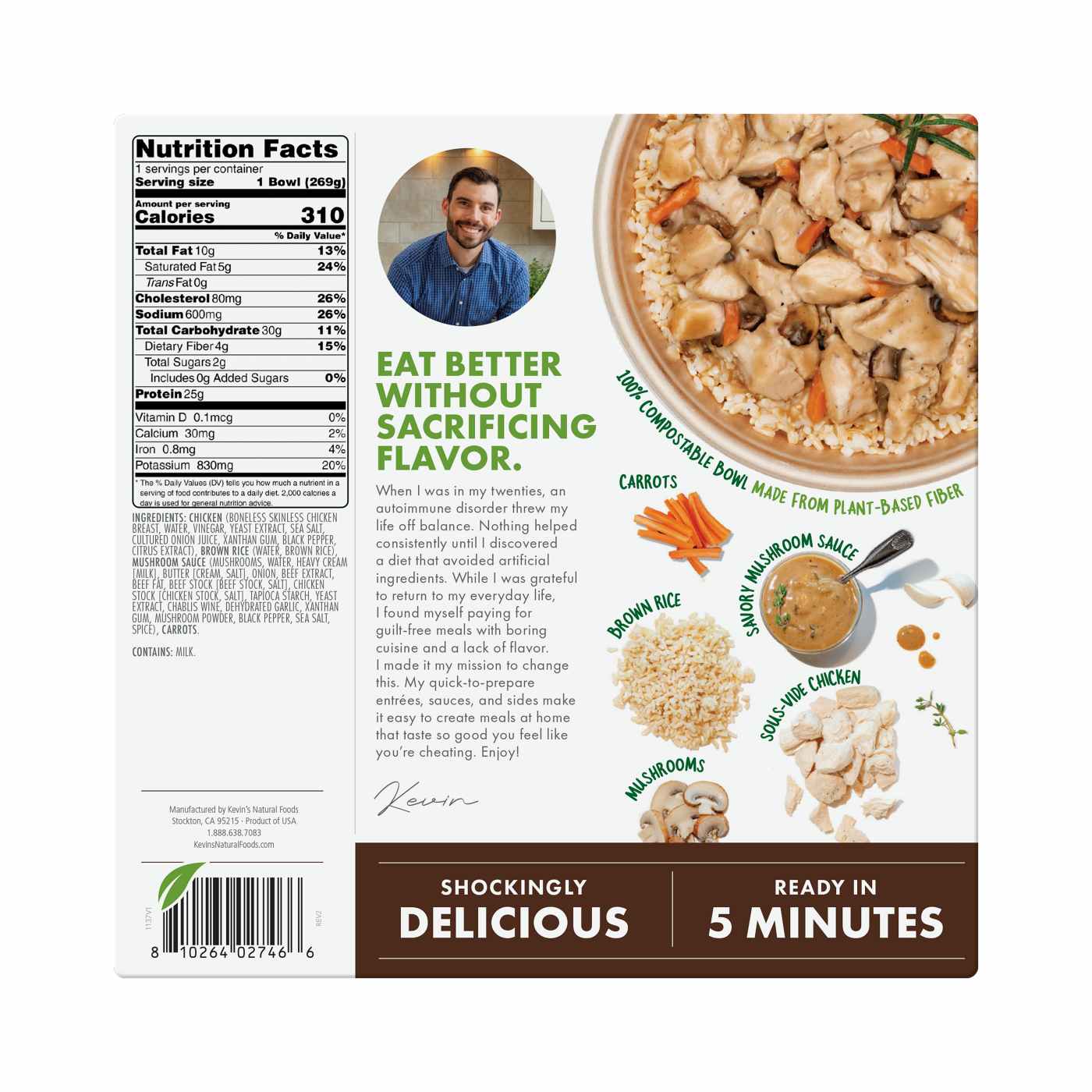 Kevin's Natural Foods 25g Protein Savory Mushroom Chicken Bowl Frozen ...