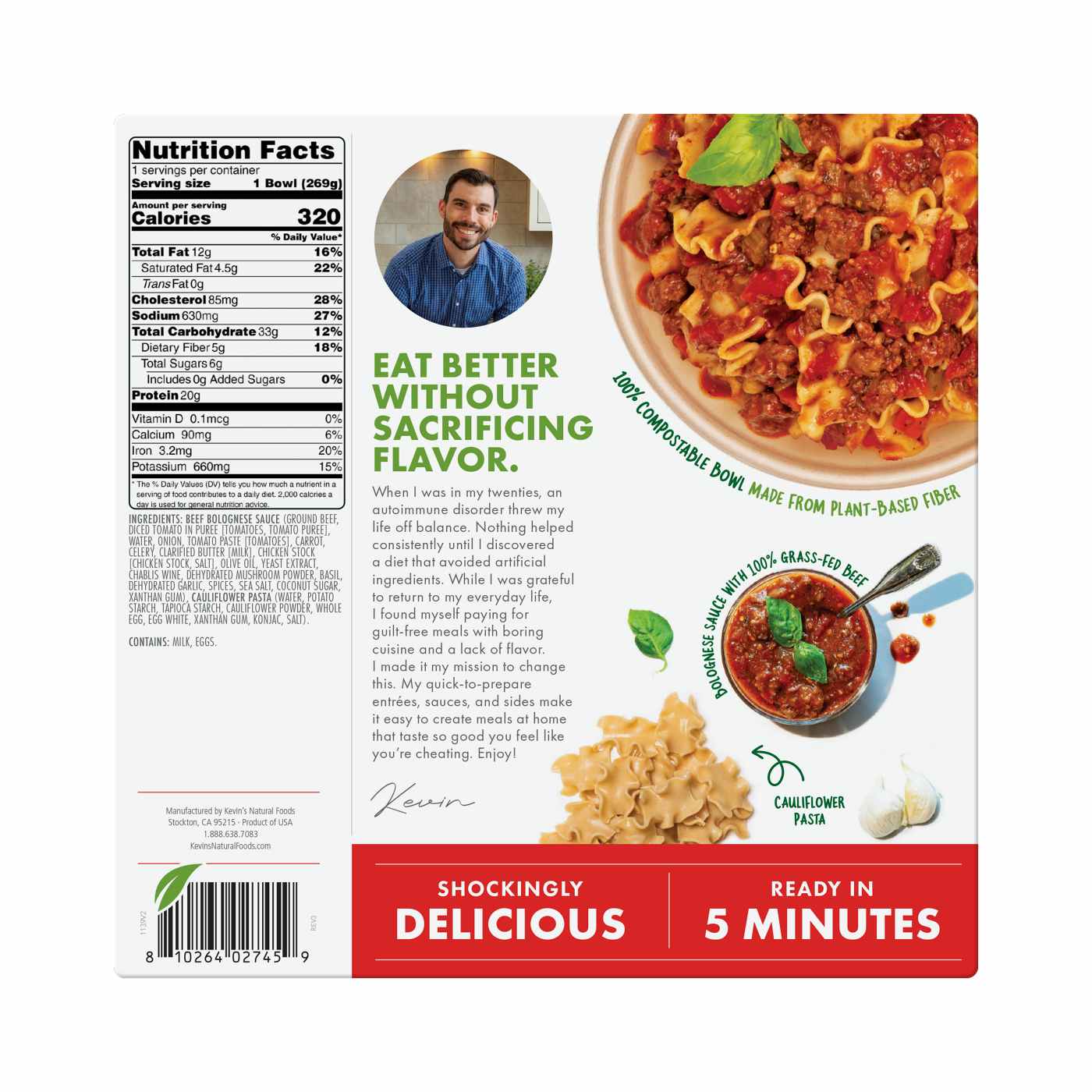 Kevin's Natural Foods 20g Protein Beef Bolognese Bowl Frozen Meal ...