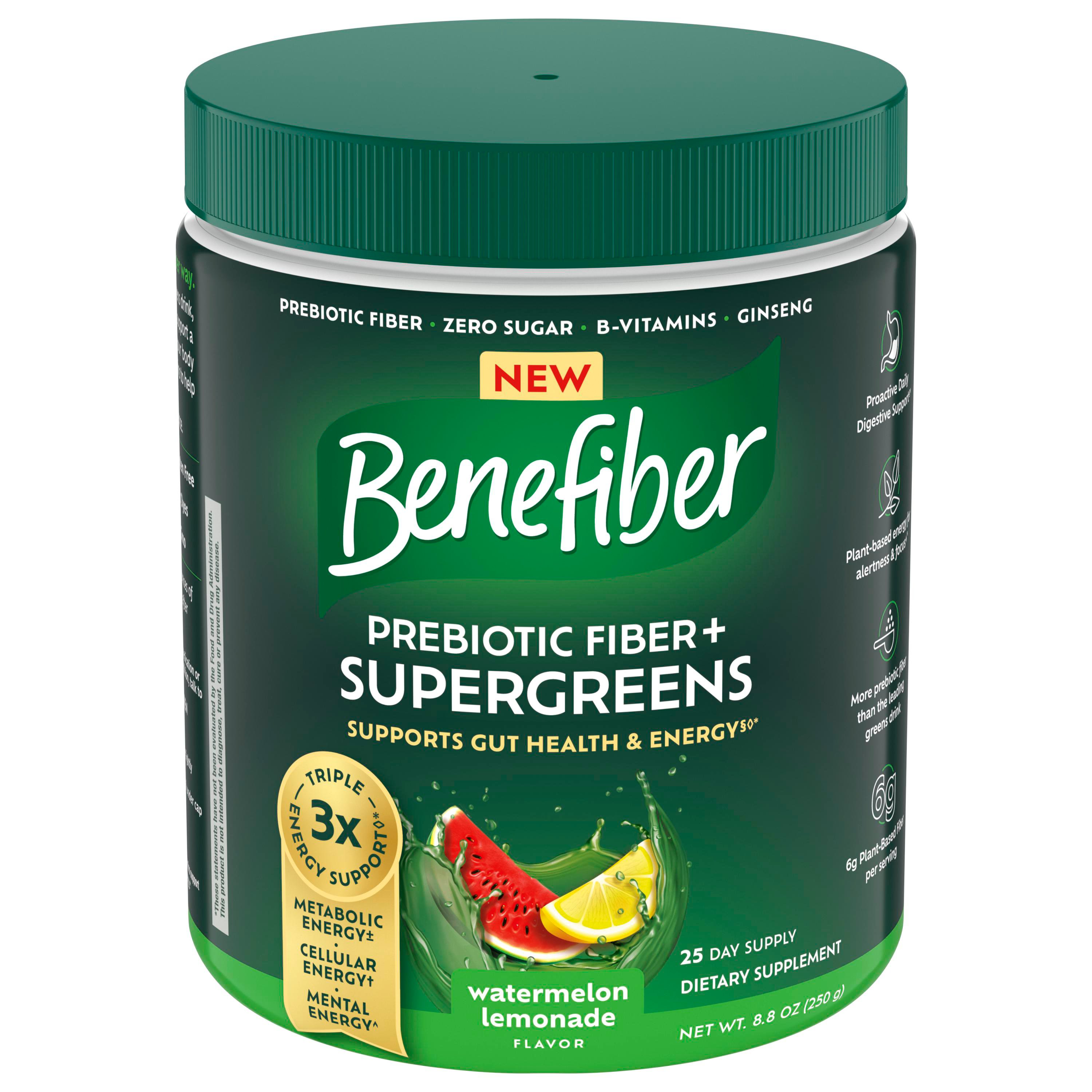 Benefiber Prebiotic Fiber + Supergreens Dietary Supplement, Watermelon ...