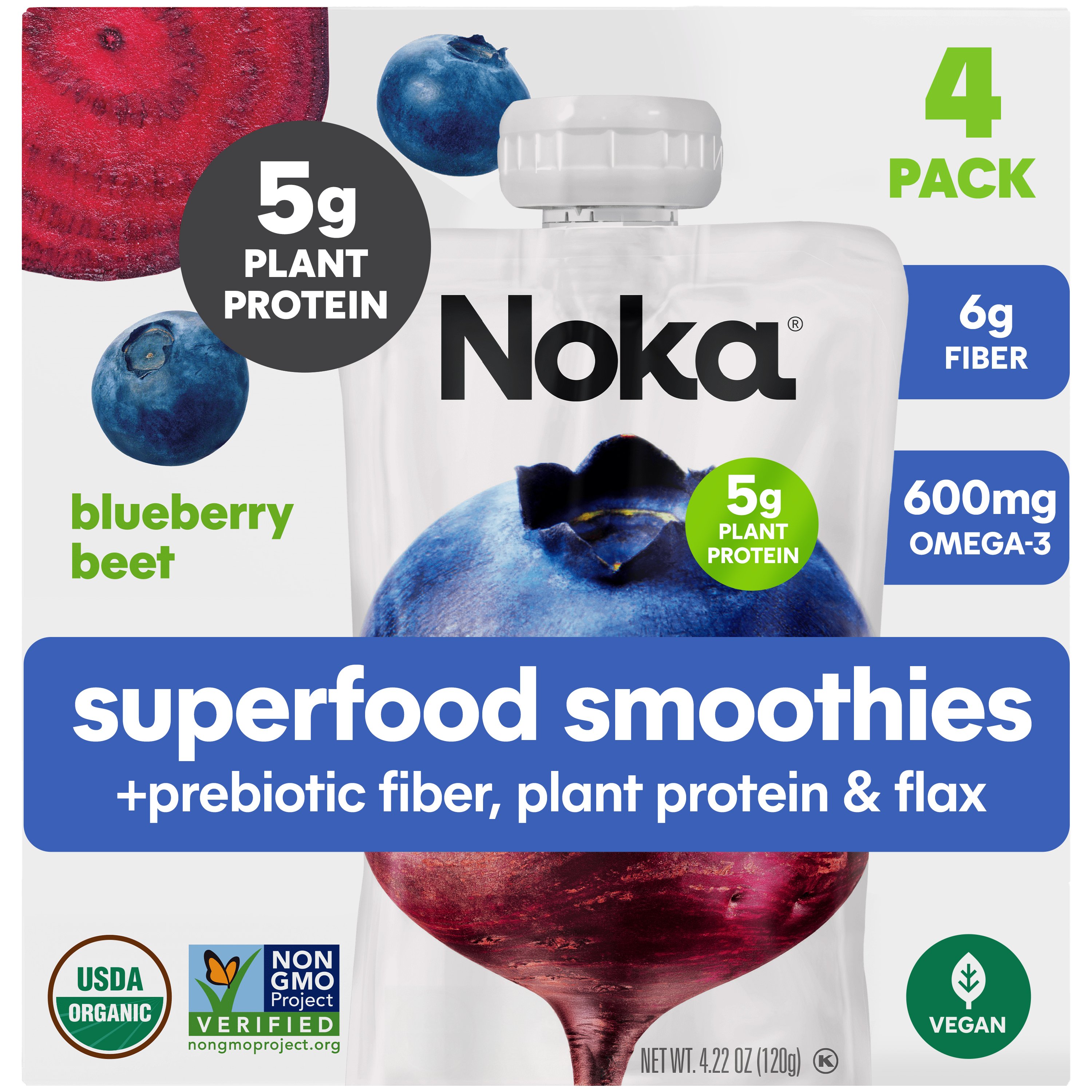 Noka Superfood Smoothies + Prebitic Fiber & Flax Pouches - Blueberry ...
