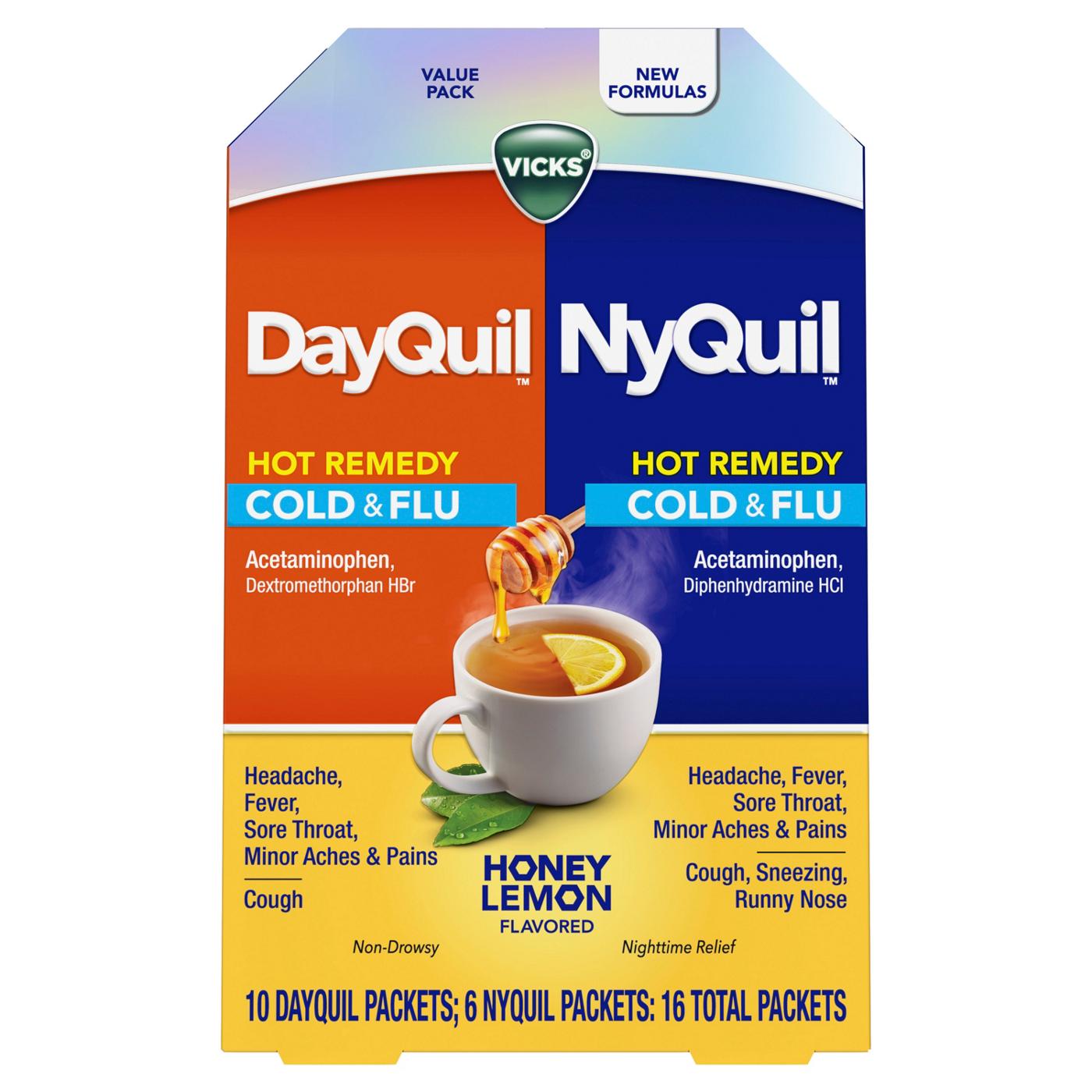 Vicks DayQuil & NyQuil Hot Remedy Cold & Flu Powder Mix Packets, Over ...