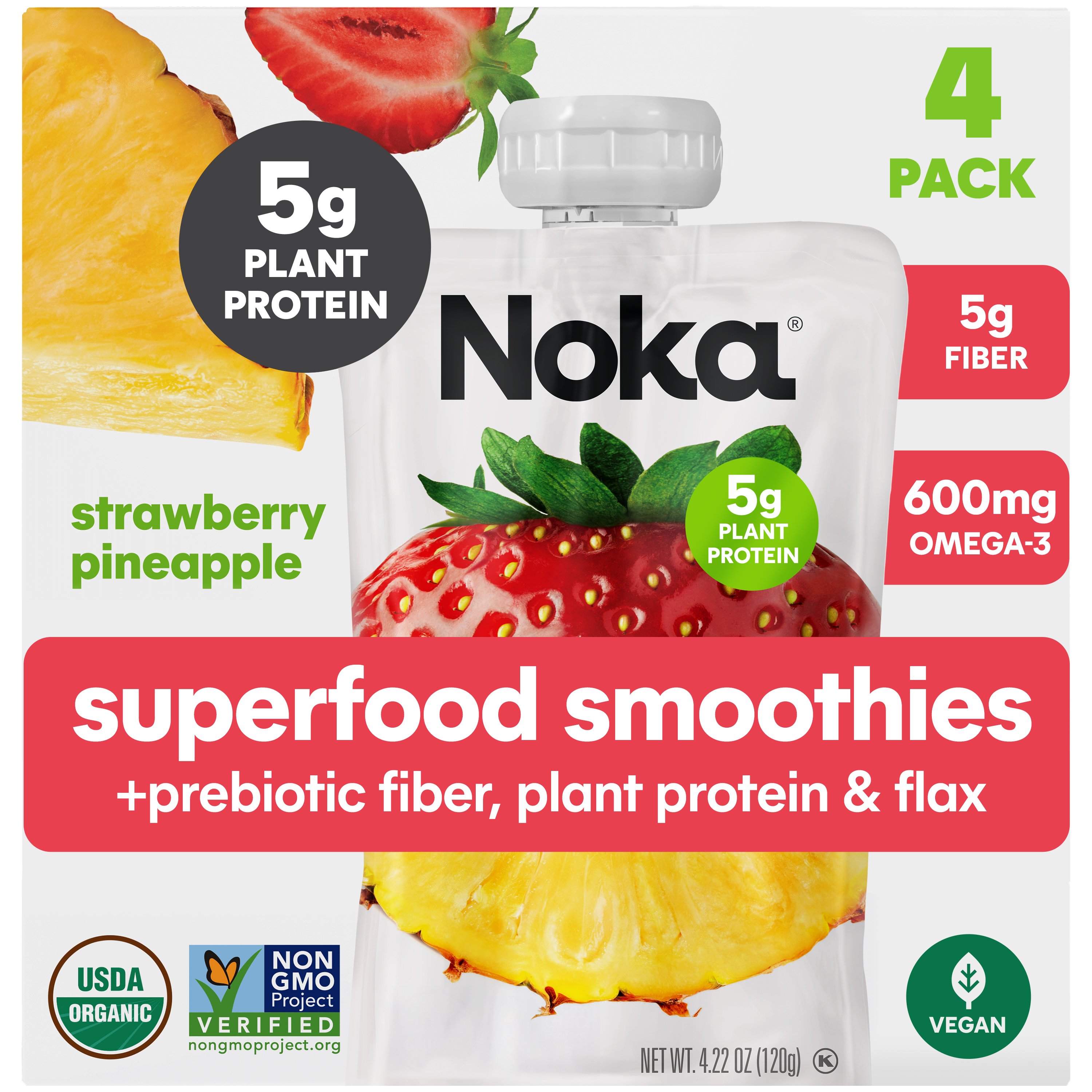 Noka Superfood Smoothies + Prebiotic Fiber & Flax Pouches - Strawberry ...