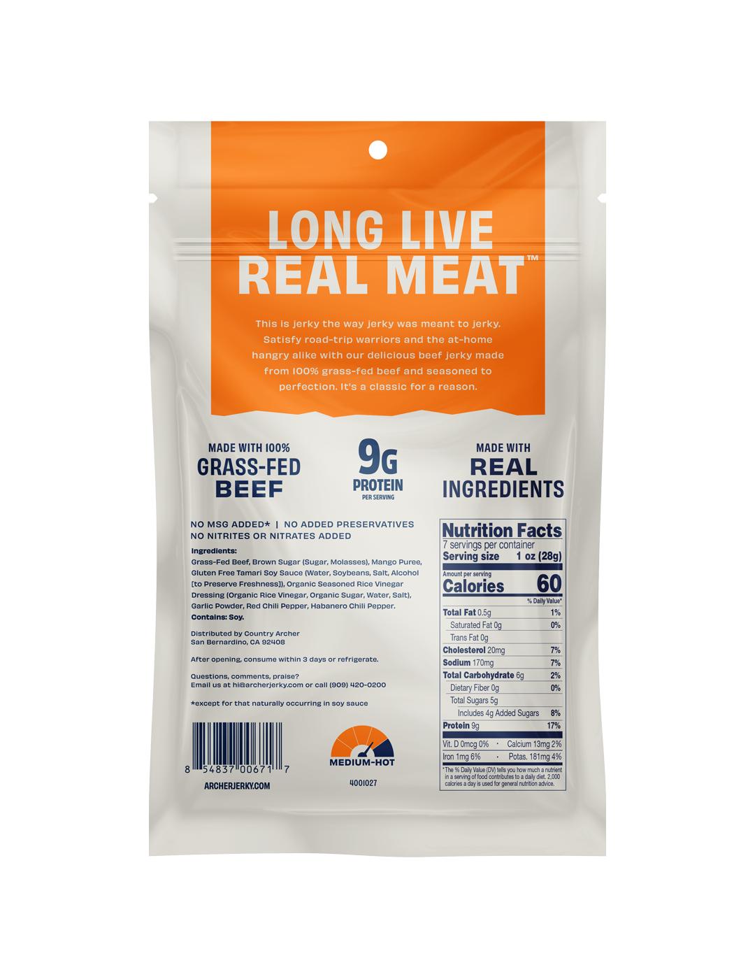 Archer Family Size 9g Protein Grass-Fed Beef Jerky - Mango Habanero ...