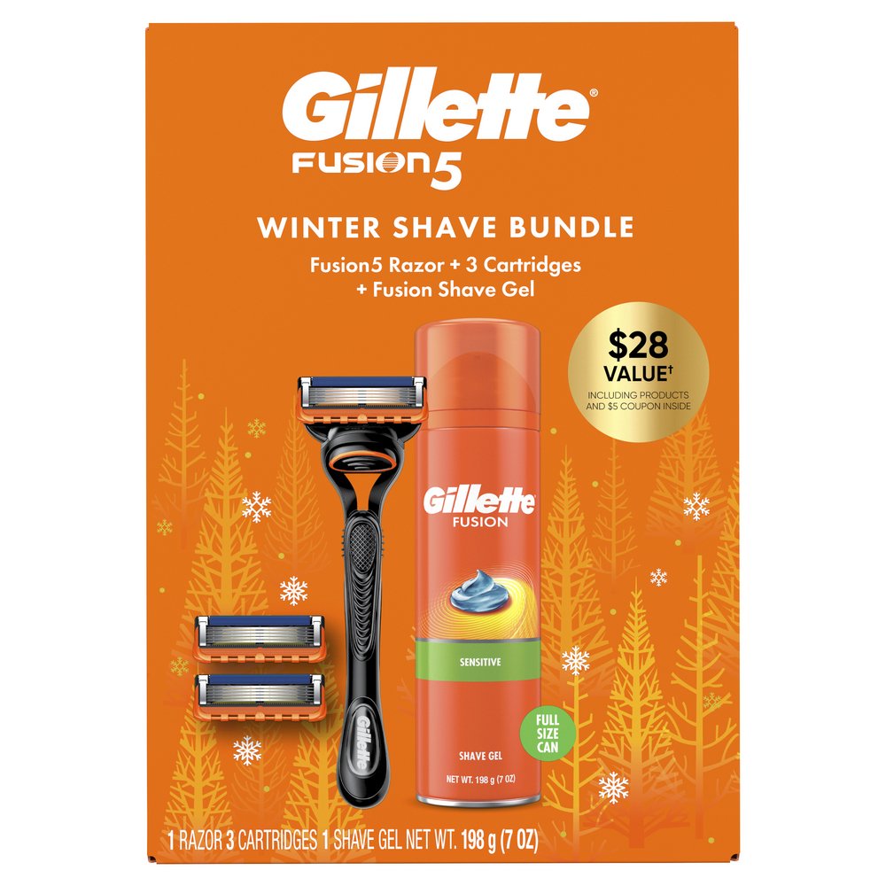 Gillette Fusion5 3 Razor Blades & Sensitive Shave Gel Winter Gift ...