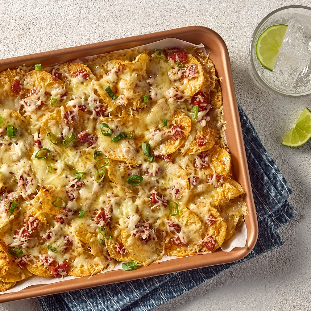 Roasted Poblano Sheetpan Nachos with Manchego and Chorizo Recipe from H-E-B