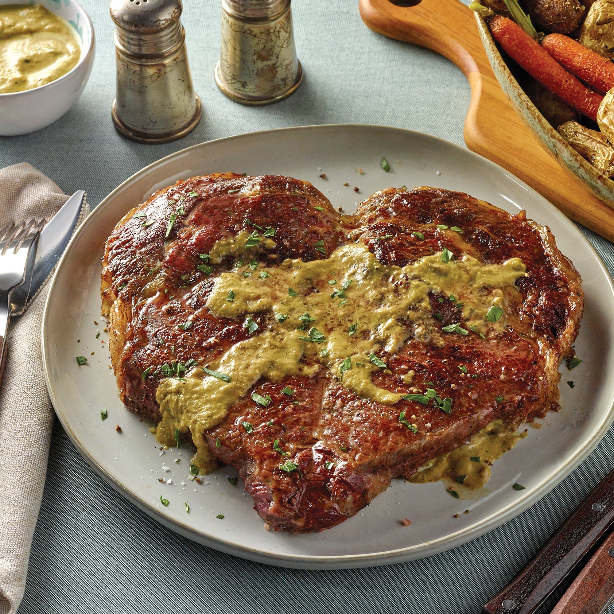 Seared Heart Shaped Ribeye with Green Peppercorn Sauce Recipe from H-E-B